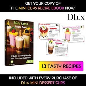 DLux 32 x 2.5 oz Mini Dessert Cups with Spoons, Slanted Round - Clear Plastic Parfait Appetizer Cup - Small Reusable Serving Bowl for Tasting Party Desserts Appetizers - With Recipe Ebook