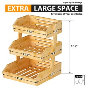 Gmtsl Bamboo Fruit Basket – 3 Tier Fruit Bowl For Kitchen Counter, Large Capacity Fruit Holder With 2 Banana Hangers, Idea For Fruit and Vegetable Storage, Bread Basket, Snack Organizer(BAMBOO)