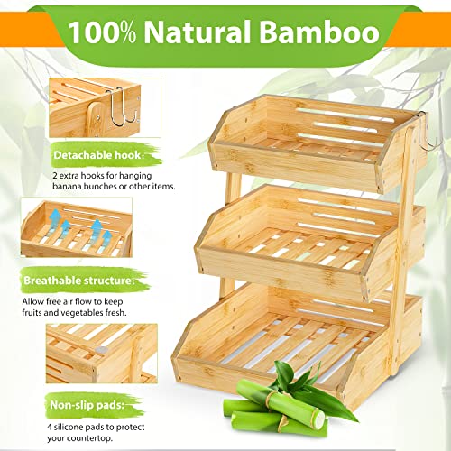 Gmtsl Bamboo Fruit Basket – 3 Tier Fruit Bowl For Kitchen Counter, Large Capacity Fruit Holder With 2 Banana Hangers, Idea For Fruit and Vegetable Storage, Bread Basket, Snack Organizer(BAMBOO)