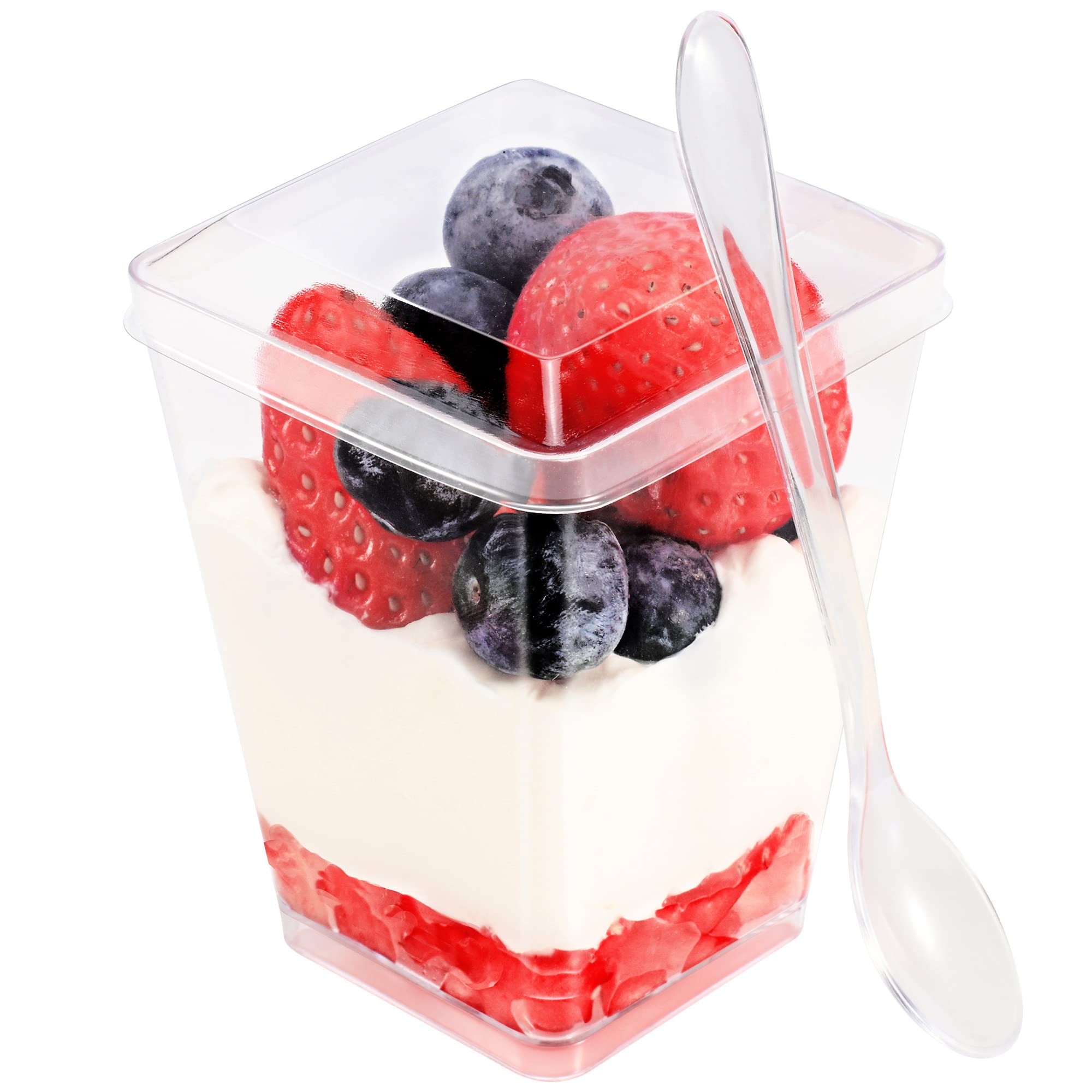 CAMARAAA 50 Pack 5oz Plastic Dessert Cups with Lids and Spoons Parfait Cups with Lids Appetizer Cups for Party Mini Dessert Cups with Spoons Clear Plastic Cups with Lids Pudding Fruit Ice Cream Cups