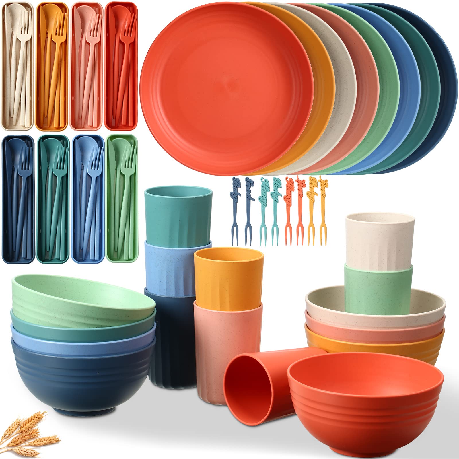 56 Pieces Wheat Straw Dinnerware Set Unbreakable Plastic Plate and Bowl Dishes for Kids Travel Picnic Camping Dishes Colorful Dinner Plates Dishwasher Microwave Safe Reusable Lightweight Tableware