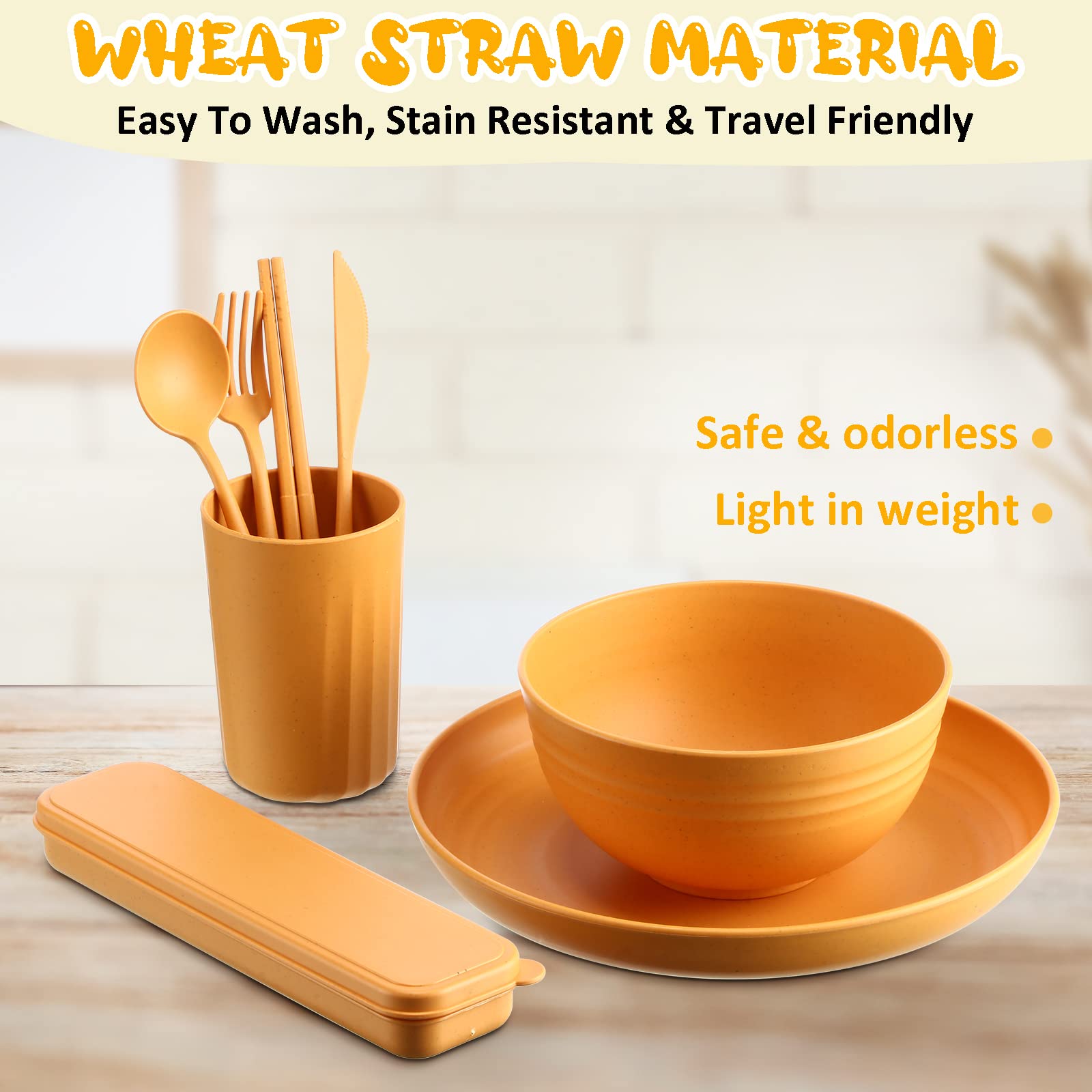 56 Pieces Wheat Straw Dinnerware Set Unbreakable Plastic Plate and Bowl Dishes for Kids Travel Picnic Camping Dishes Colorful Dinner Plates Dishwasher Microwave Safe Reusable Lightweight Tableware