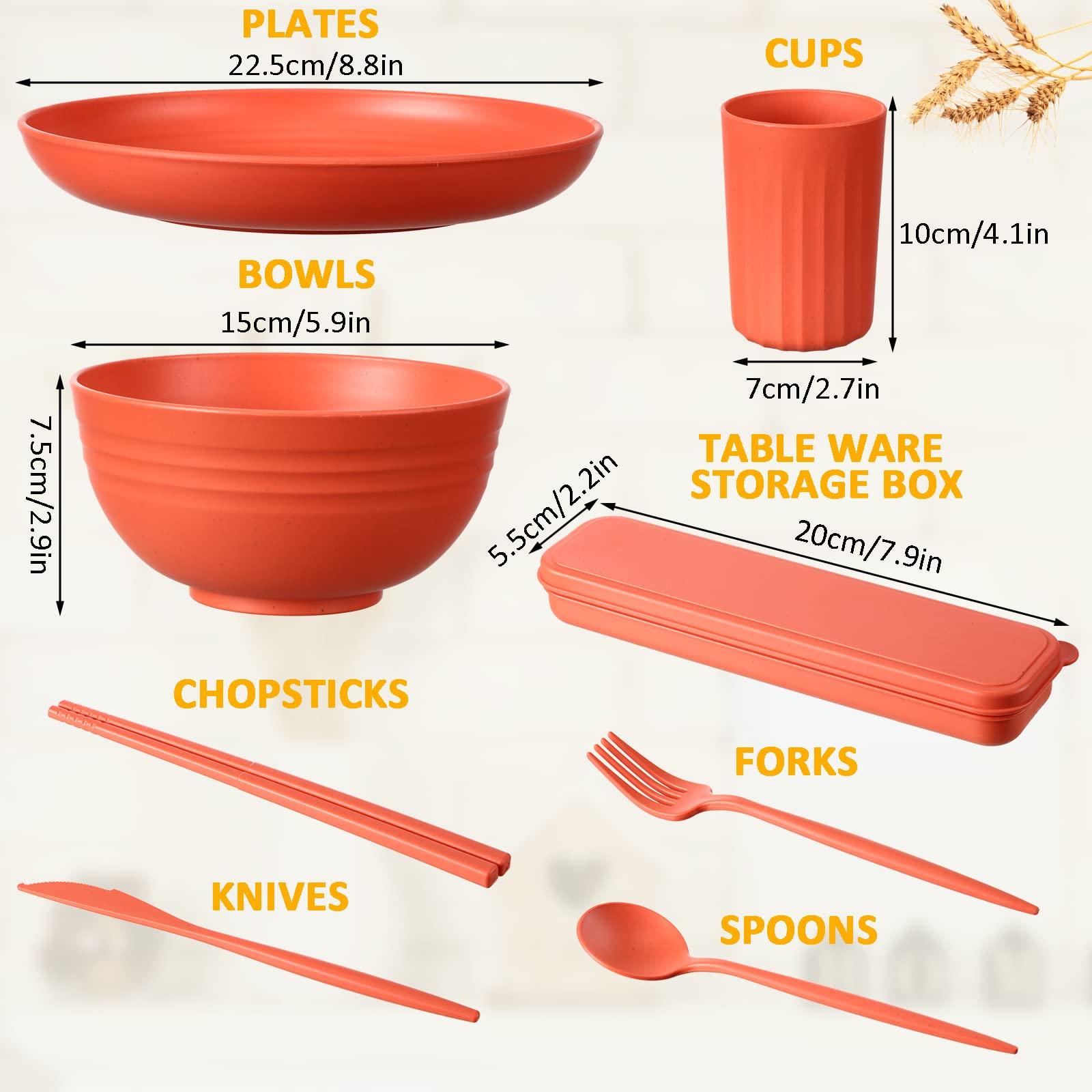 56 Pieces Wheat Straw Dinnerware Set Unbreakable Plastic Plate and Bowl Dishes for Kids Travel Picnic Camping Dishes Colorful Dinner Plates Dishwasher Microwave Safe Reusable Lightweight Tableware