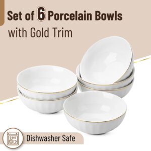 BTaT- White Porcelain Bowls with Gold Trim, 16 Ounces, Set of 6, White Bowls Set of 6, White Cereal Bowls, White Salad Bowls, Porcelain Cereal Bowls, Porcelain Soup Bowls, Deep Bowls