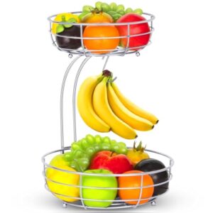 bextsrack 2-tier countertop fruit basket bowl with banana hanger, metal wire fruits stand holder storage organizer for kitchen, silver