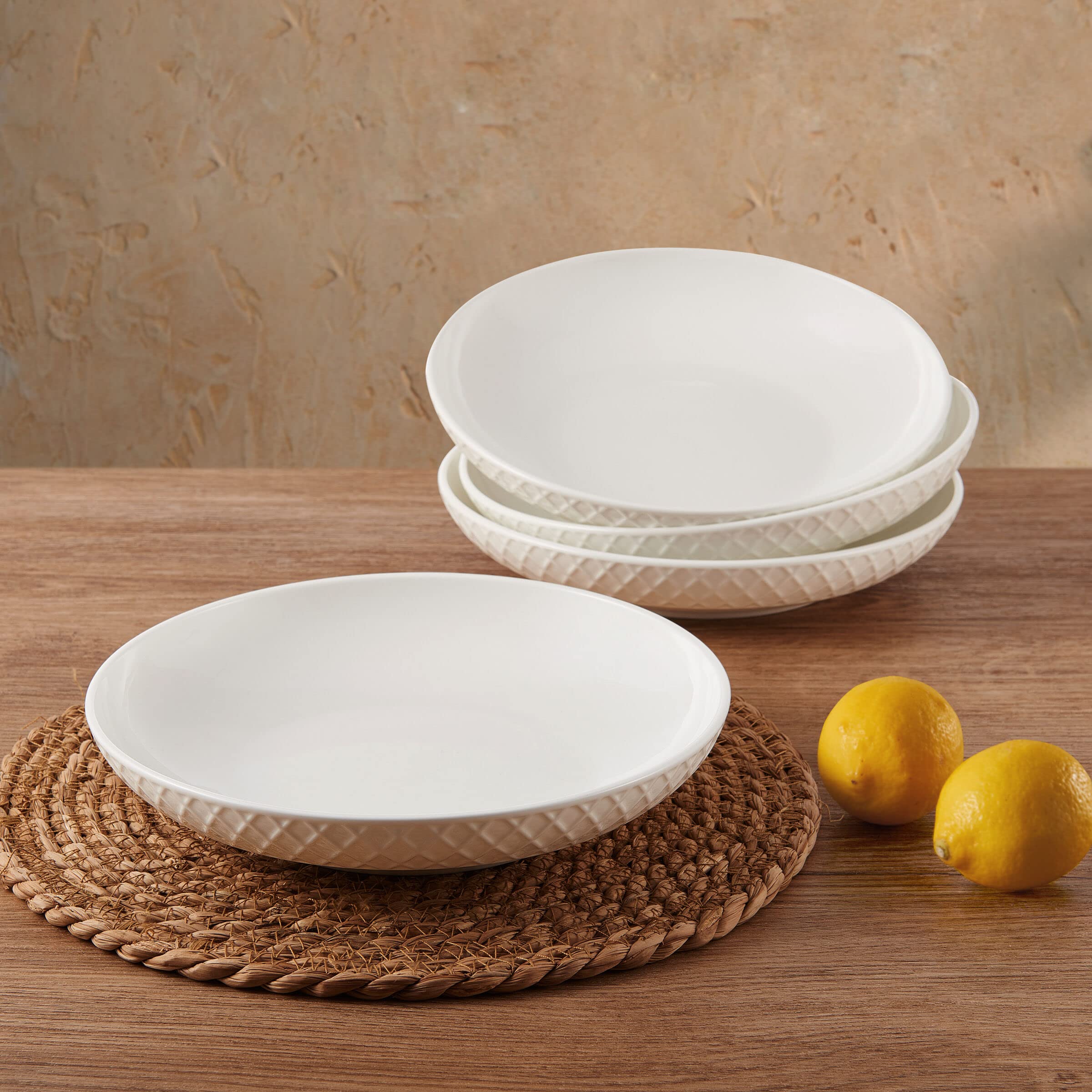 Mikasa Trellis Chip Resistant Set of 4 Pasta Bowls Set, 9-inch, 24 ounces, White