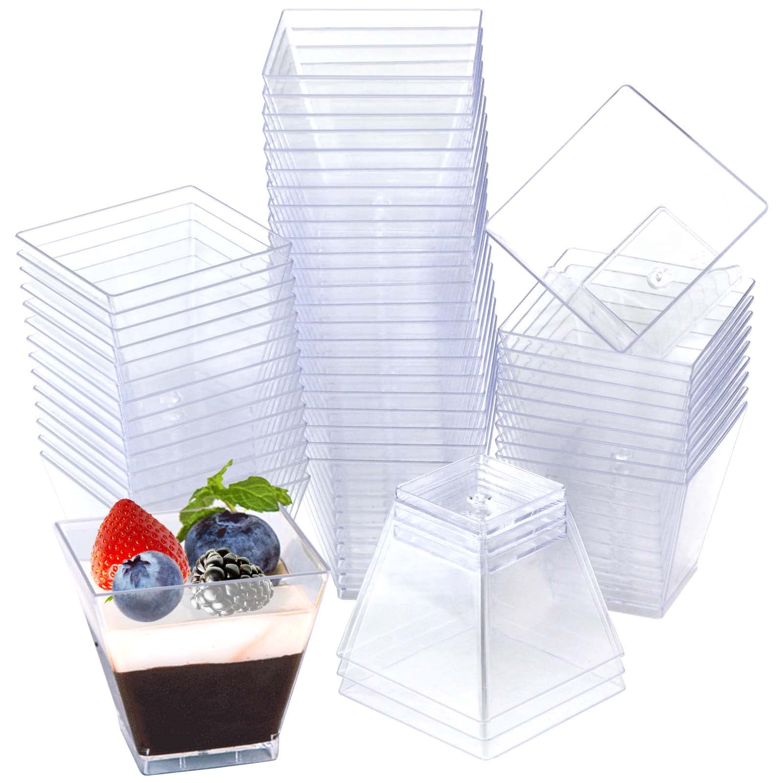 Oomcu 100 Pack 2 oz Small Square Clear Plastic Dessert Tumbler Cups Mini Disposable Serving Bowls for Desserts Appetizers Puddings Ice Cream Yogurt Chocolate Candies Mousse (2" x 1.2" x 1.8")