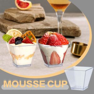 Oomcu 100 Pack 2 oz Small Square Clear Plastic Dessert Tumbler Cups Mini Disposable Serving Bowls for Desserts Appetizers Puddings Ice Cream Yogurt Chocolate Candies Mousse (2" x 1.2" x 1.8")