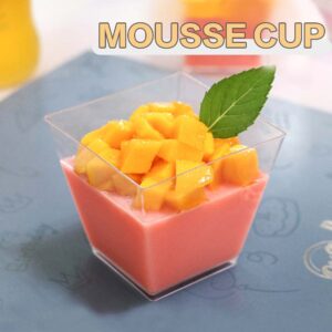 Oomcu 100 Pack 2 oz Small Square Clear Plastic Dessert Tumbler Cups Mini Disposable Serving Bowls for Desserts Appetizers Puddings Ice Cream Yogurt Chocolate Candies Mousse (2" x 1.2" x 1.8")