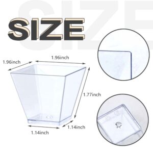 Oomcu 100 Pack 2 oz Small Square Clear Plastic Dessert Tumbler Cups Mini Disposable Serving Bowls for Desserts Appetizers Puddings Ice Cream Yogurt Chocolate Candies Mousse (2" x 1.2" x 1.8")