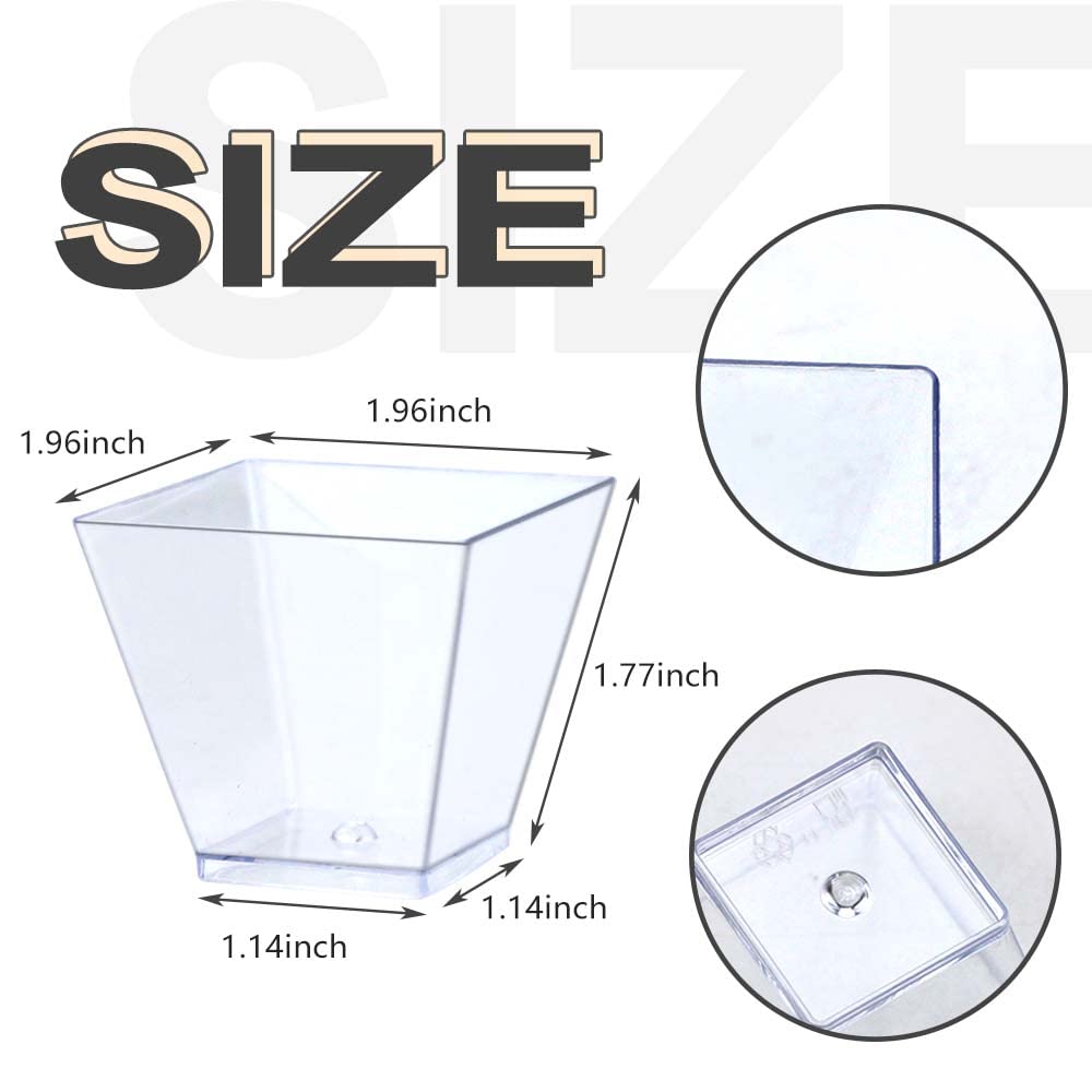 Oomcu 100 Pack 2 oz Small Square Clear Plastic Dessert Tumbler Cups Mini Disposable Serving Bowls for Desserts Appetizers Puddings Ice Cream Yogurt Chocolate Candies Mousse (2" x 1.2" x 1.8")