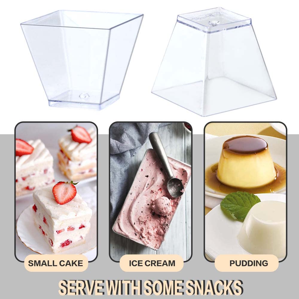 Oomcu 100 Pack 2 oz Small Square Clear Plastic Dessert Tumbler Cups Mini Disposable Serving Bowls for Desserts Appetizers Puddings Ice Cream Yogurt Chocolate Candies Mousse (2" x 1.2" x 1.8")