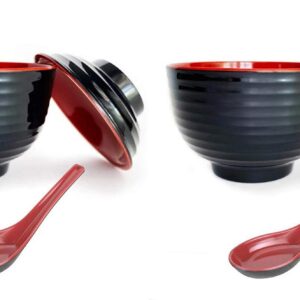 JapanBargain 3422, Set of 2 Japanese Style Soup Bowl with Lid and Spoon Set Miso Soup Bowl Rice Bowl Snack Bowl Dessert Bowl Appetizer Bowl, Black and Red Color, 11 oz