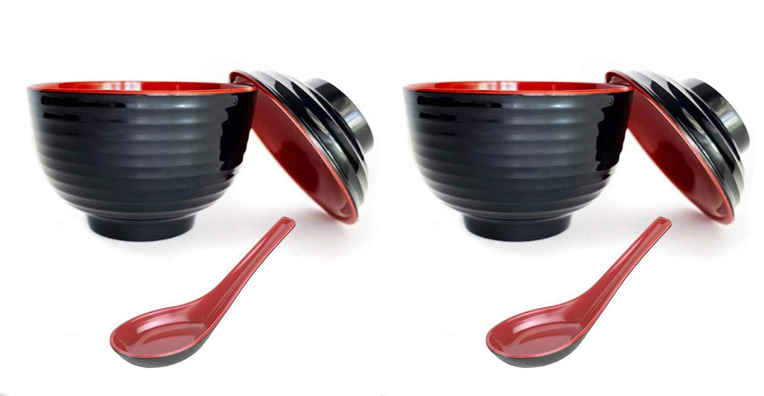 JapanBargain 3422, Set of 2 Japanese Style Soup Bowl with Lid and Spoon Set Miso Soup Bowl Rice Bowl Snack Bowl Dessert Bowl Appetizer Bowl, Black and Red Color, 11 oz