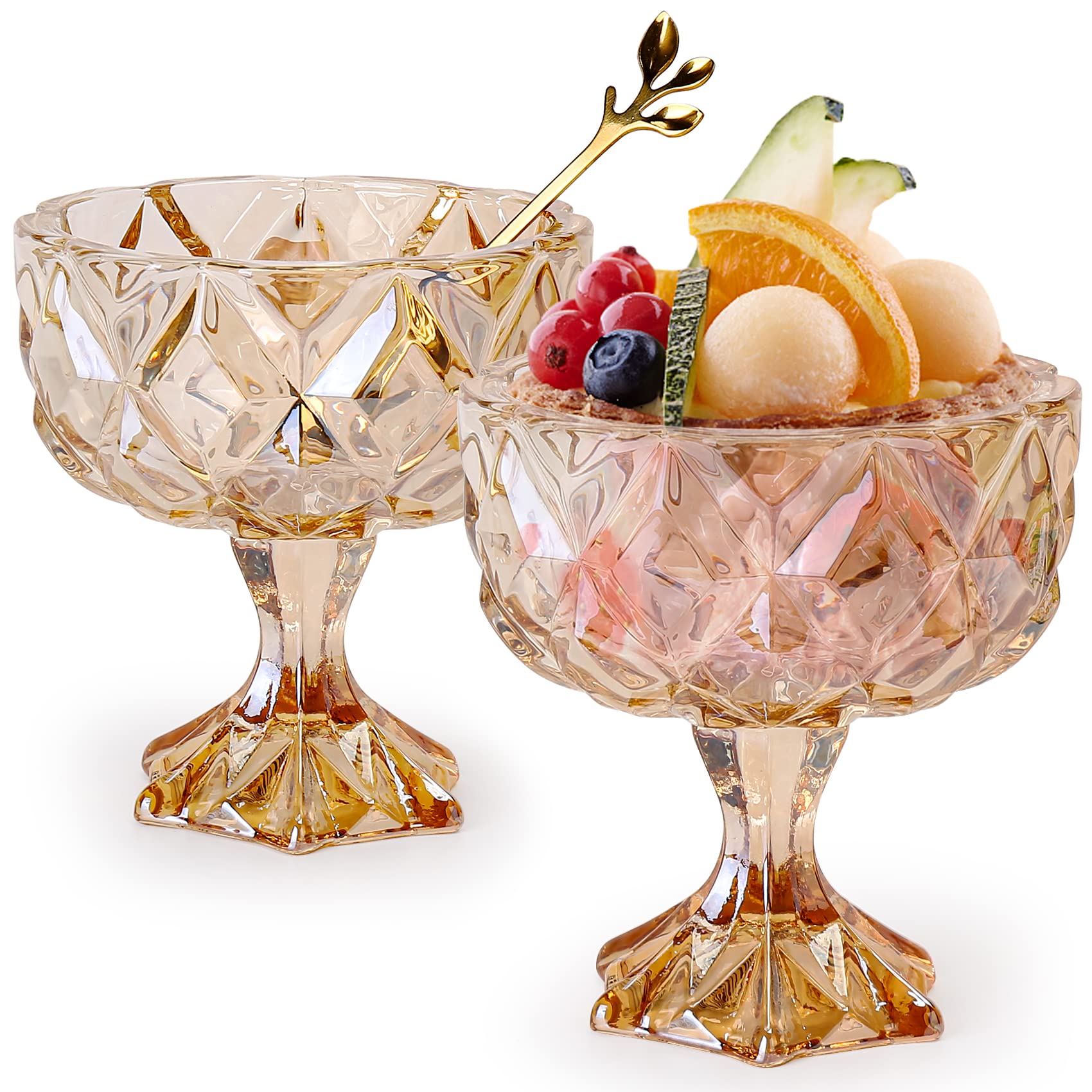 ELVASEN Dessert Glass Bowls, 280ML Ice Cream Footed Dessert Cups Glass - Glass Dessert Cups for Trifle Parfait Sundae and Nuts Tasters Set of 2 - Glass Dessert Bowls With Spoon (Amber)