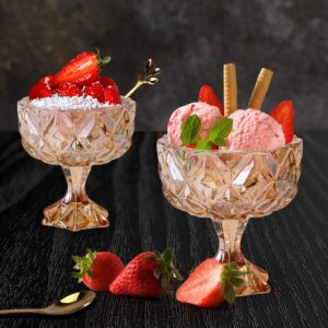 ELVASEN Dessert Glass Bowls, 280ML Ice Cream Footed Dessert Cups Glass - Glass Dessert Cups for Trifle Parfait Sundae and Nuts Tasters Set of 2 - Glass Dessert Bowls With Spoon (Amber)