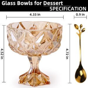 ELVASEN Dessert Glass Bowls, 280ML Ice Cream Footed Dessert Cups Glass - Glass Dessert Cups for Trifle Parfait Sundae and Nuts Tasters Set of 2 - Glass Dessert Bowls With Spoon (Amber)