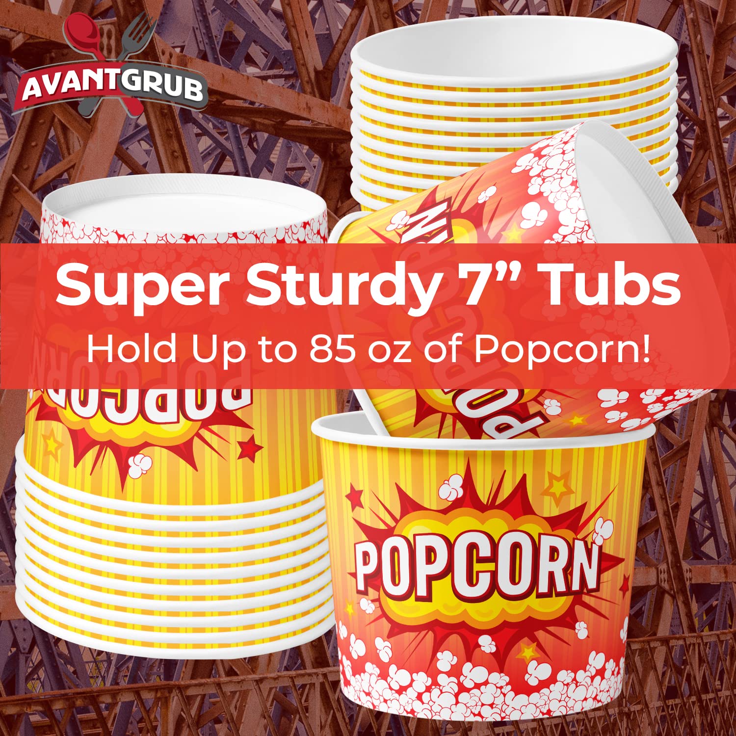 Greaseproof, Retro 85oz Popcorn Buckets 50 Pack. Reusable and Durable Pop Corn Tubs in Red Yellow. Large Disposable Containers Perfect For Movie Night, Theme Party, Theater, Carnivals & Fundraisers