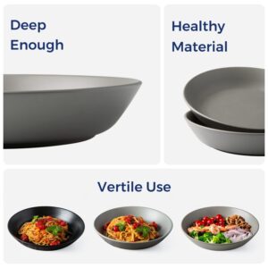 AmorArc 9.5'' Stoneware Pasta Bowls, 38oz Large Wide Salad Serving Bowls Set of 4 for Pasta Salad Snacks Bread Meal, Microwave Safe Flat bowls for Kitchen, Matte Gray