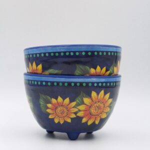 Chips and Salsa Chip Dip Bowl Set - Spanish 2 Piece Small Bowl Set Painted Blue Dishes with Sunflowers - Serving Bowls for Party and Fiestas (2)