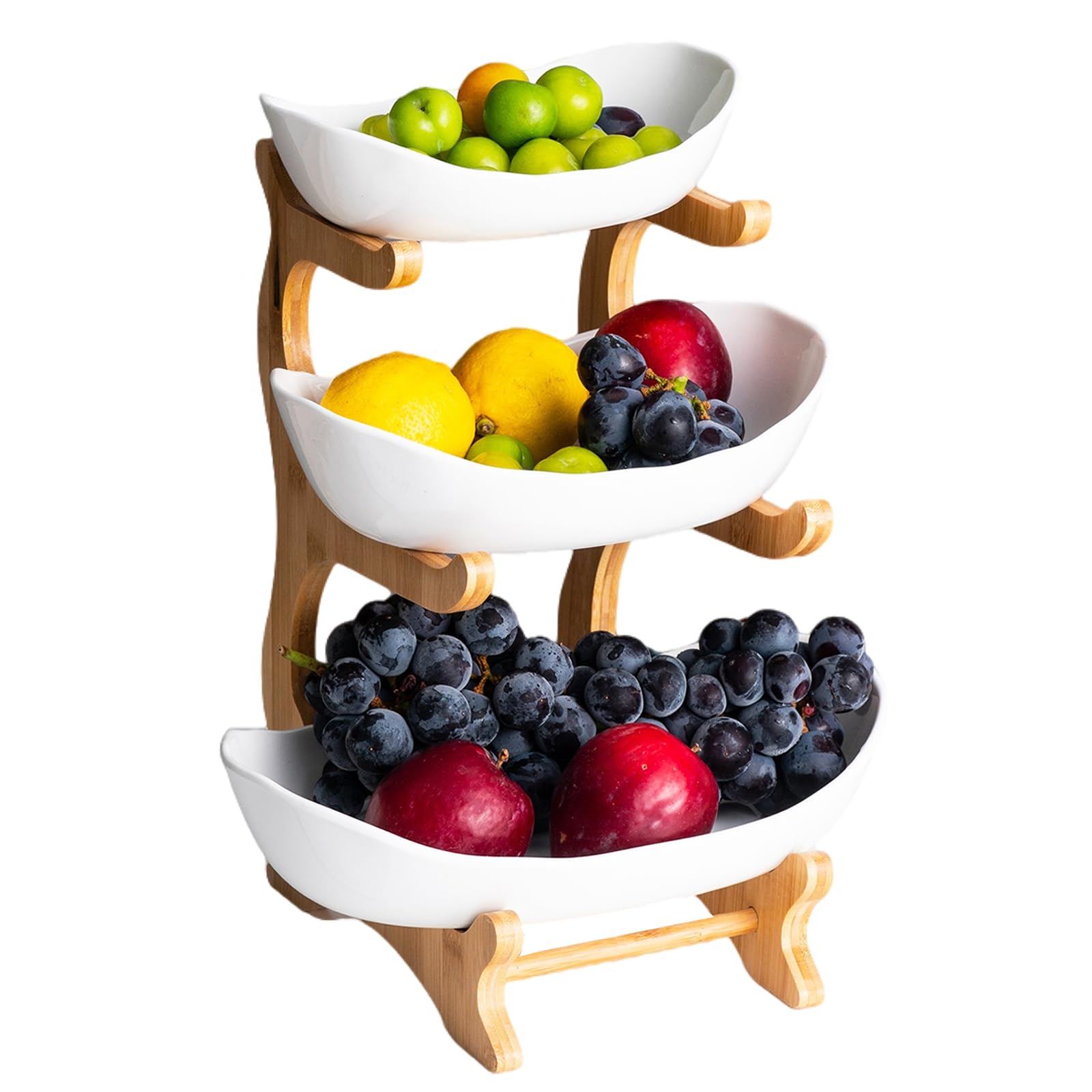 YYW 3 Tier Fruit Basket, White Ceramic Fruit Bowl for Kitchen Counter, Home Fruit Bowl Set with Holder, Fruit Serving Tray Snacks Nuts Bread Candy Storage Holder (White)