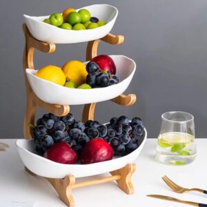 YYW 3 Tier Fruit Basket, White Ceramic Fruit Bowl for Kitchen Counter, Home Fruit Bowl Set with Holder, Fruit Serving Tray Snacks Nuts Bread Candy Storage Holder (White)