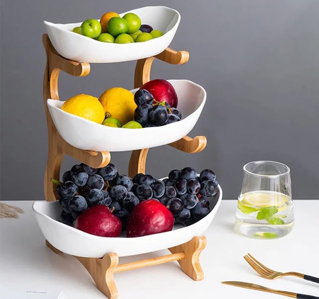 YYW 3 Tier Fruit Basket, White Ceramic Fruit Bowl for Kitchen Counter, Home Fruit Bowl Set with Holder, Fruit Serving Tray Snacks Nuts Bread Candy Storage Holder (White)