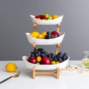 YYW 3 Tier Fruit Basket, White Ceramic Fruit Bowl for Kitchen Counter, Home Fruit Bowl Set with Holder, Fruit Serving Tray Snacks Nuts Bread Candy Storage Holder (White)