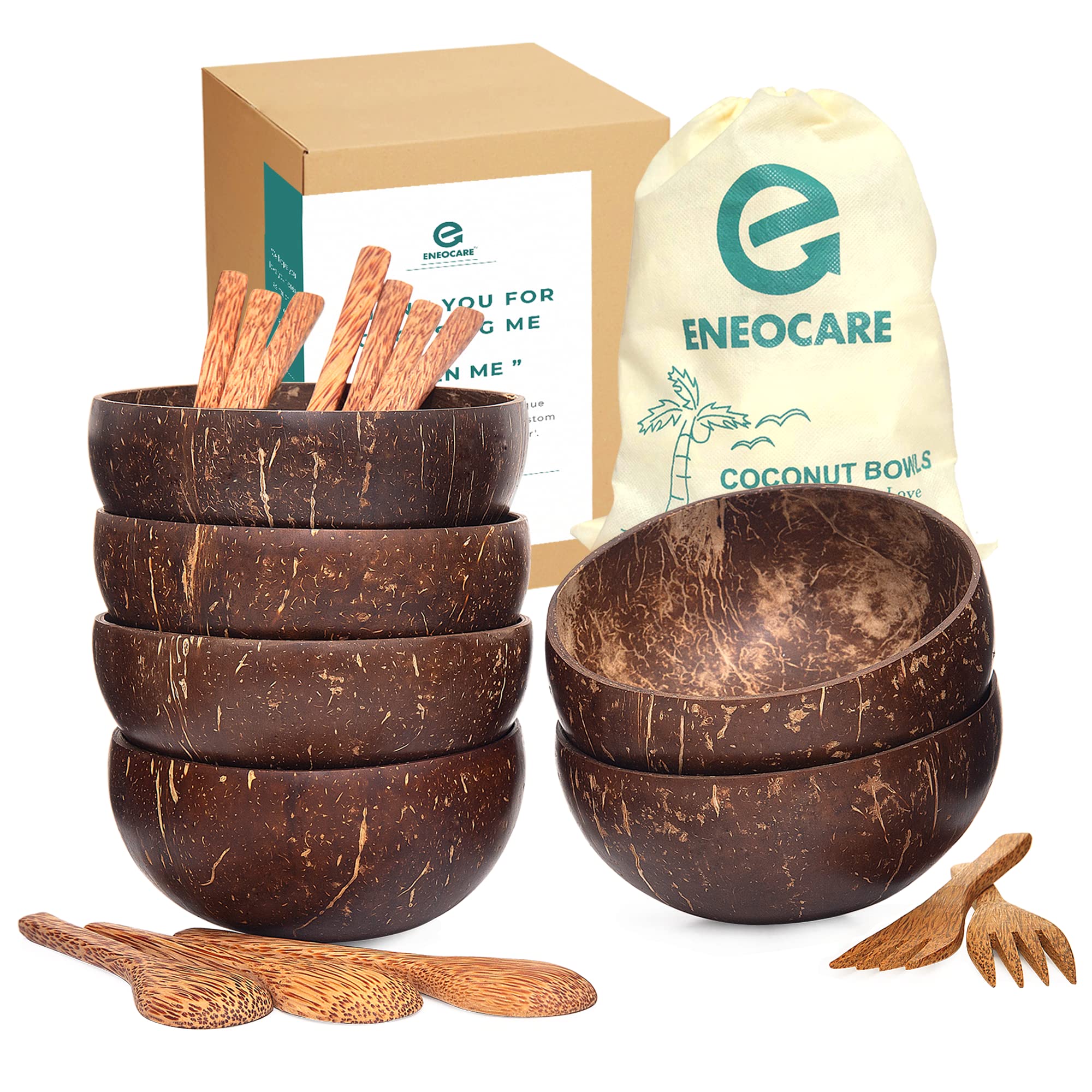 ENEOCARE Set of 6 Natural Coconut Bowls and Wooden Spoon Sets | Organic Reusable Eco-friendly Smoothie Bowls and Spoons, Forks | Perfect for Smoothie Bowls, Acai Bowls, Buddha Bowls (6)