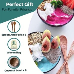 ENEOCARE Set of 6 Natural Coconut Bowls and Wooden Spoon Sets | Organic Reusable Eco-friendly Smoothie Bowls and Spoons, Forks | Perfect for Smoothie Bowls, Acai Bowls, Buddha Bowls (6)