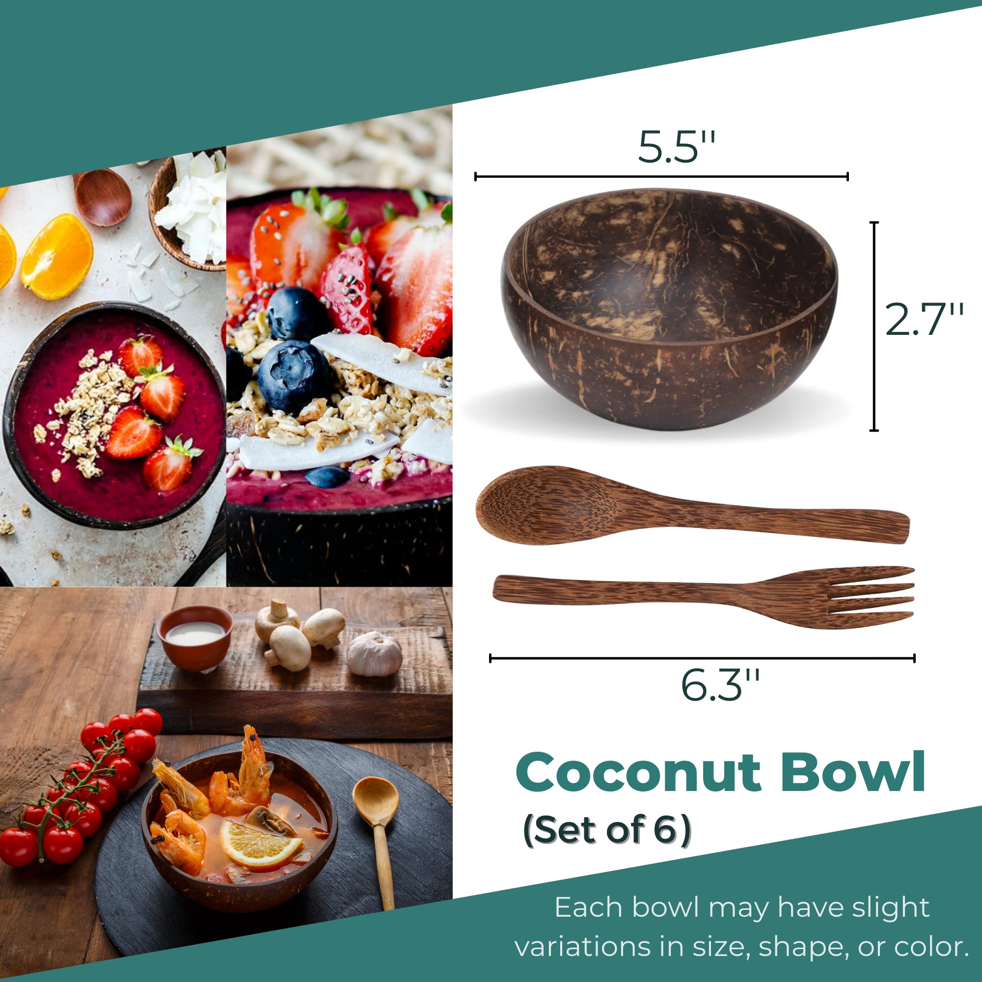 ENEOCARE Set of 6 Natural Coconut Bowls and Wooden Spoon Sets | Organic Reusable Eco-friendly Smoothie Bowls and Spoons, Forks | Perfect for Smoothie Bowls, Acai Bowls, Buddha Bowls (6)