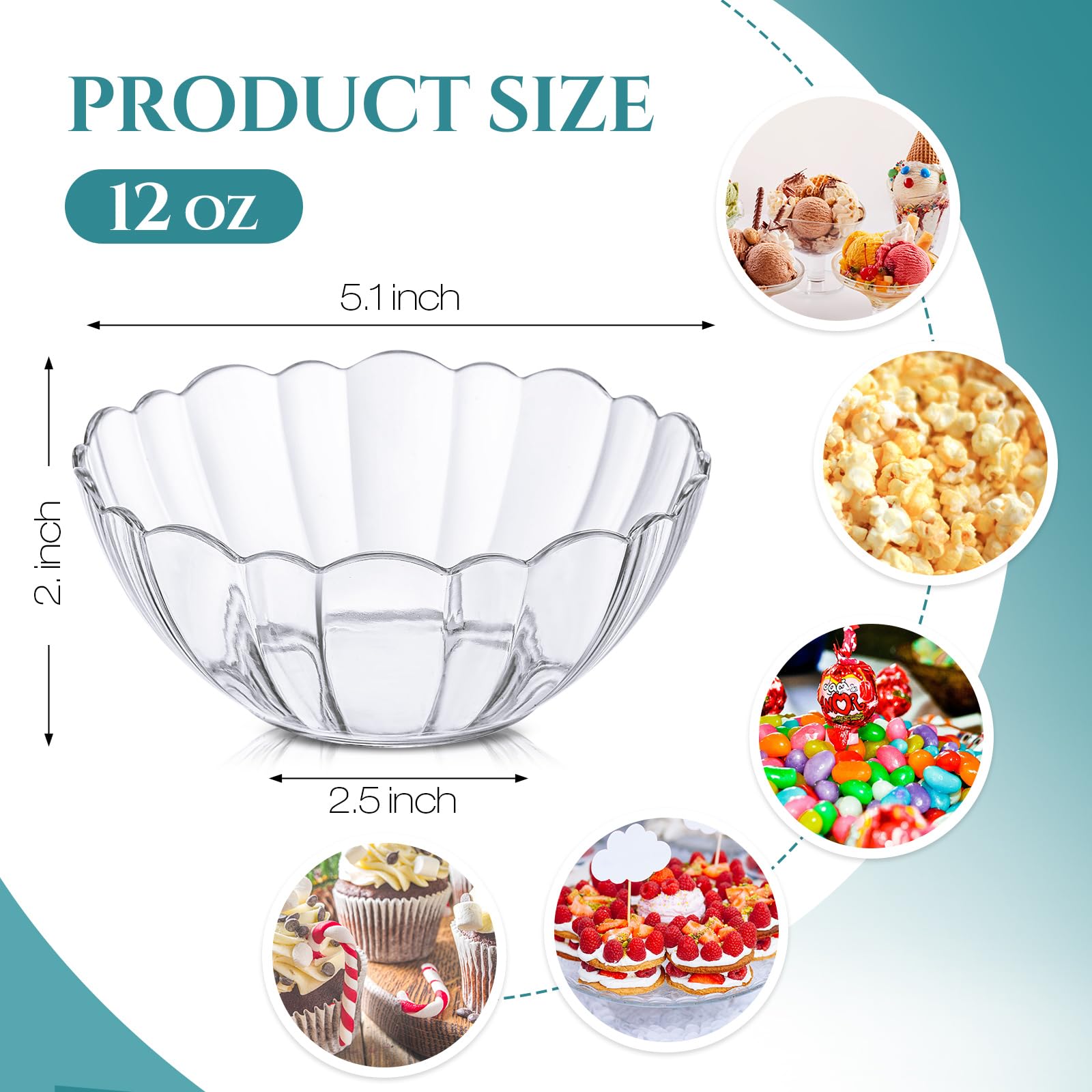 Zeyune 12 Pcs Plastic Serving Bowls Clear Party Dessert Bowls 12oz Crystal Plastic Decorative Food Bowls Mini Candy Dishes Snack Salad Bowl for Wedding Birthday Party Nut Fruit Candy Dessert Ice Cream