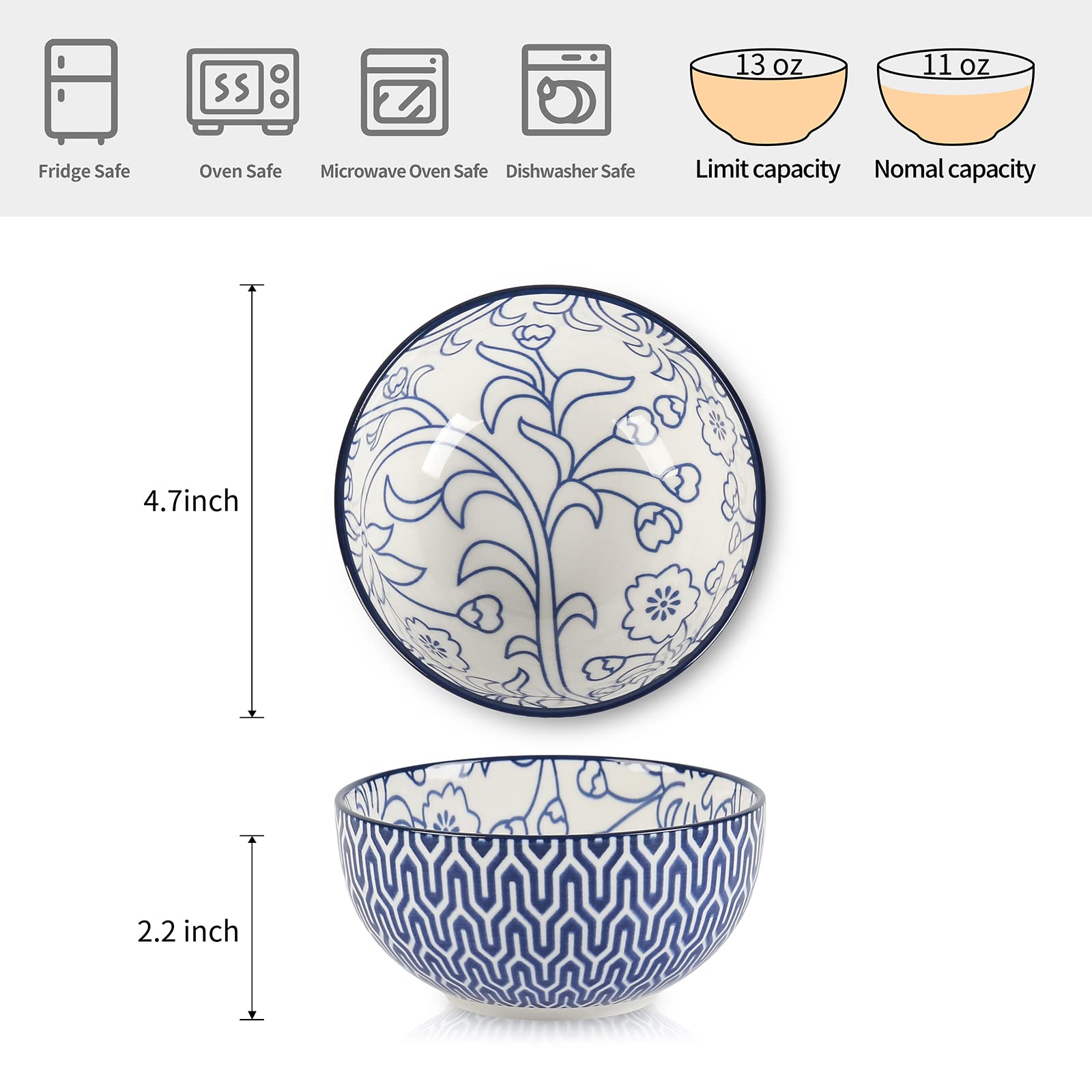 Selamica Ceramic 12 OZ Dessert Bowls Set, Cereal Bowls for Kitchen, 4.7 Inch Small Bowls for Ice Cream, Snack Side, Dishes Rice, Microwave Dishwasher Safe, Set of 6, Vintage Blue