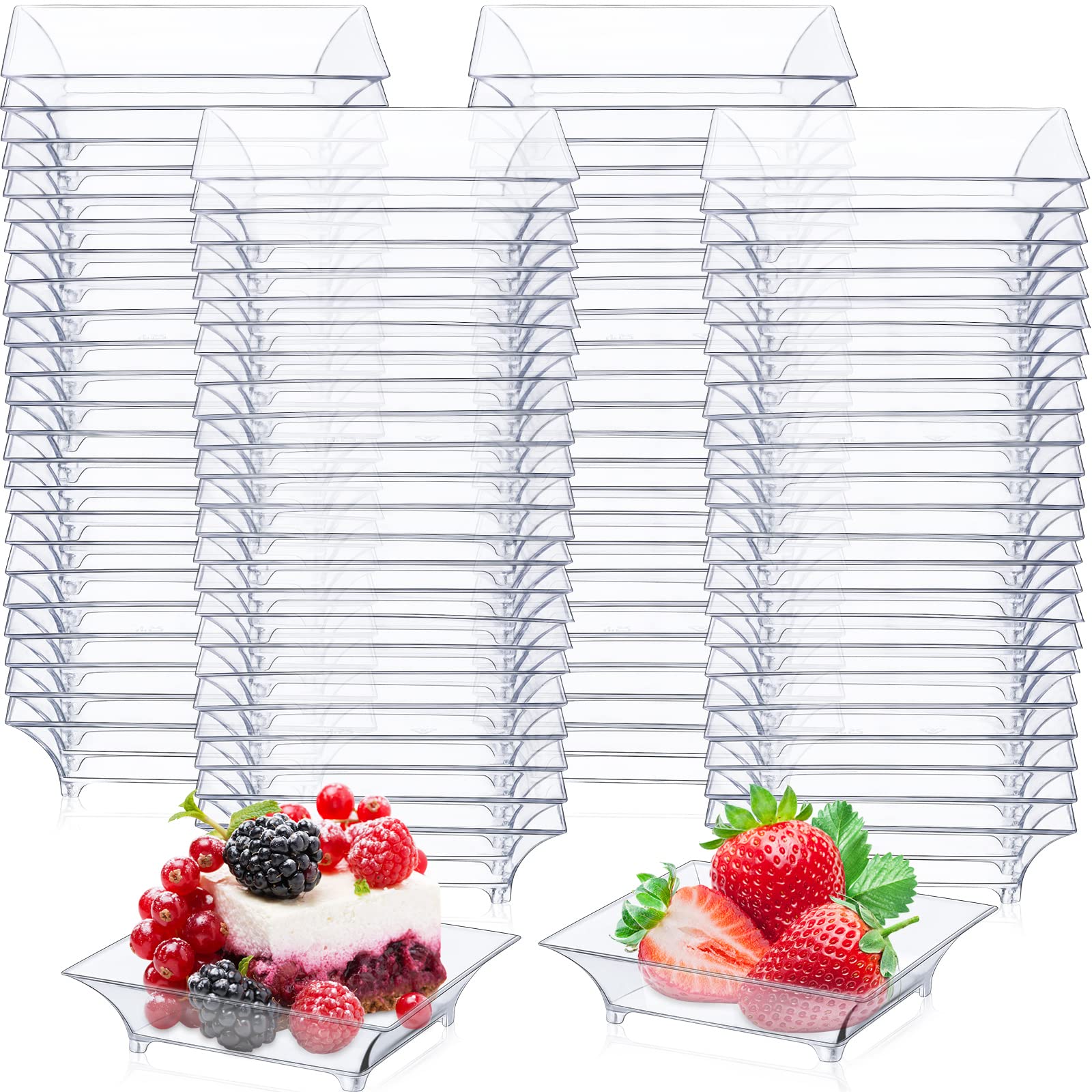 300 Pcs 1 oz Mini Dessert Plates Square Plastic Salad Plate Disposable Clear Plates for Tasting Exquisite Party Serving Trays for Appetizers Chocolates Ice Cream Fruit and More, 2.4 x 2.4 Inch