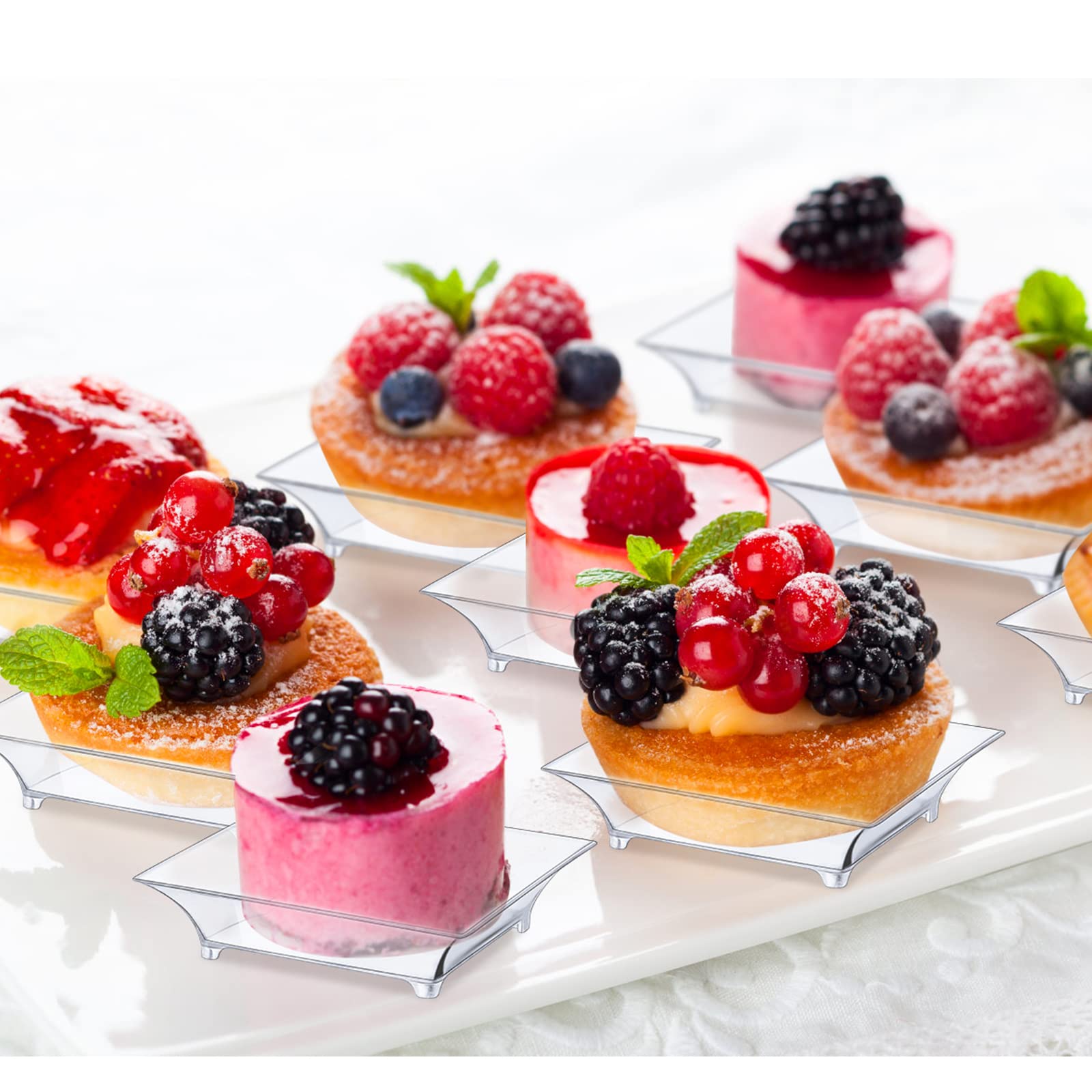 300 Pcs 1 oz Mini Dessert Plates Square Plastic Salad Plate Disposable Clear Plates for Tasting Exquisite Party Serving Trays for Appetizers Chocolates Ice Cream Fruit and More, 2.4 x 2.4 Inch