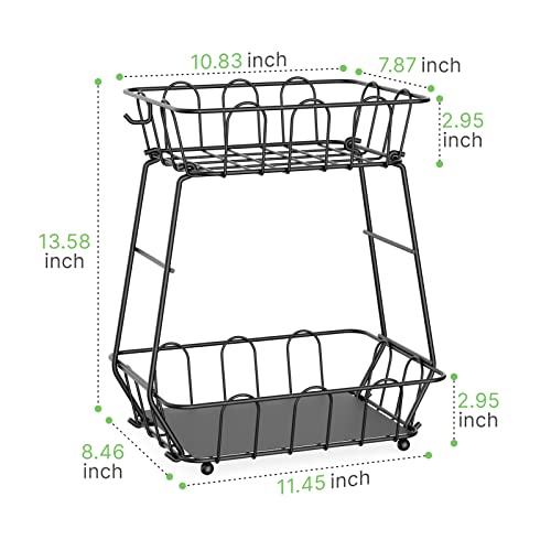 iSPECLE Fruit Basket, 2 Tier Fruit Basket with Banana Hanger for Kitchen, Detachable Fruit Bowl with Mat Saving Space Fruit and Vegetable Storage for Kitchen Counter Pantry, Black