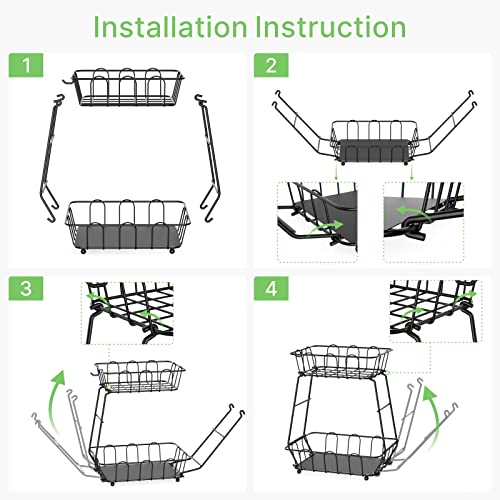 iSPECLE Fruit Basket, 2 Tier Fruit Basket with Banana Hanger for Kitchen, Detachable Fruit Bowl with Mat Saving Space Fruit and Vegetable Storage for Kitchen Counter Pantry, Black