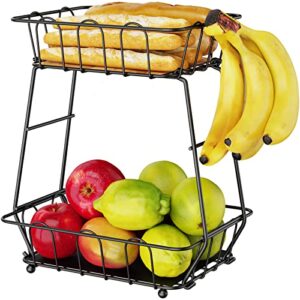 iSPECLE Fruit Basket, 2 Tier Fruit Basket with Banana Hanger for Kitchen, Detachable Fruit Bowl with Mat Saving Space Fruit and Vegetable Storage for Kitchen Counter Pantry, Black