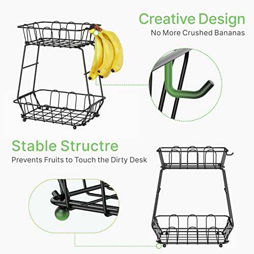 iSPECLE Fruit Basket, 2 Tier Fruit Basket with Banana Hanger for Kitchen, Detachable Fruit Bowl with Mat Saving Space Fruit and Vegetable Storage for Kitchen Counter Pantry, Black