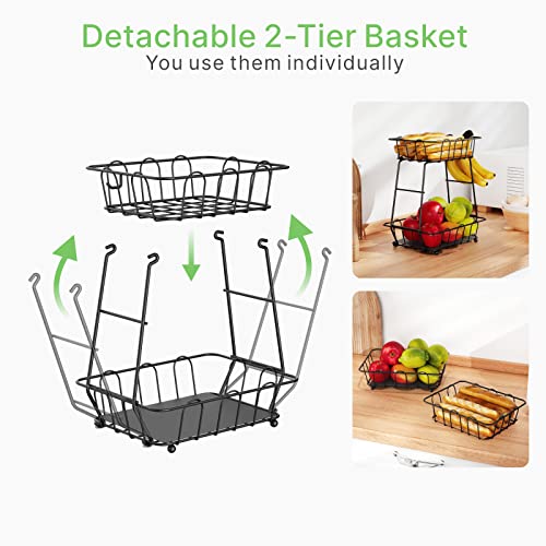 iSPECLE Fruit Basket, 2 Tier Fruit Basket with Banana Hanger for Kitchen, Detachable Fruit Bowl with Mat Saving Space Fruit and Vegetable Storage for Kitchen Counter Pantry, Black