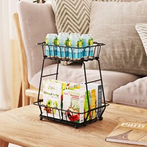 iSPECLE Fruit Basket, 2 Tier Fruit Basket with Banana Hanger for Kitchen, Detachable Fruit Bowl with Mat Saving Space Fruit and Vegetable Storage for Kitchen Counter Pantry, Black