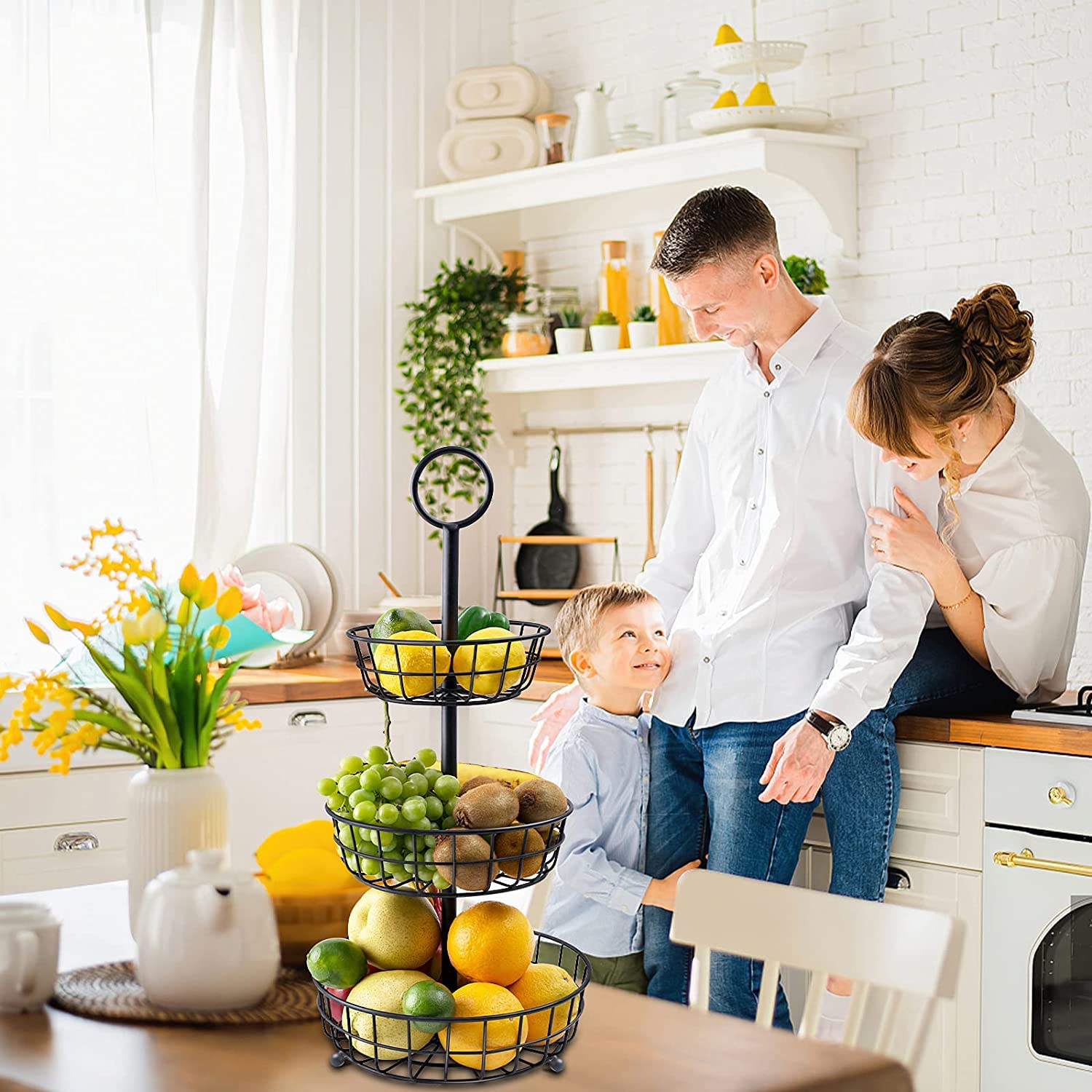 weharnar 3 Tier Fruit Basket for Kitchen, Detachable Fruit Holder, Black Fruit Stand, Wire Vegetable Basket, Large Capacity Fruit Bowl for Kitchen Counter, Kitchen & Home Decor