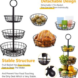 weharnar 3 Tier Fruit Basket for Kitchen, Detachable Fruit Holder, Black Fruit Stand, Wire Vegetable Basket, Large Capacity Fruit Bowl for Kitchen Counter, Kitchen & Home Decor