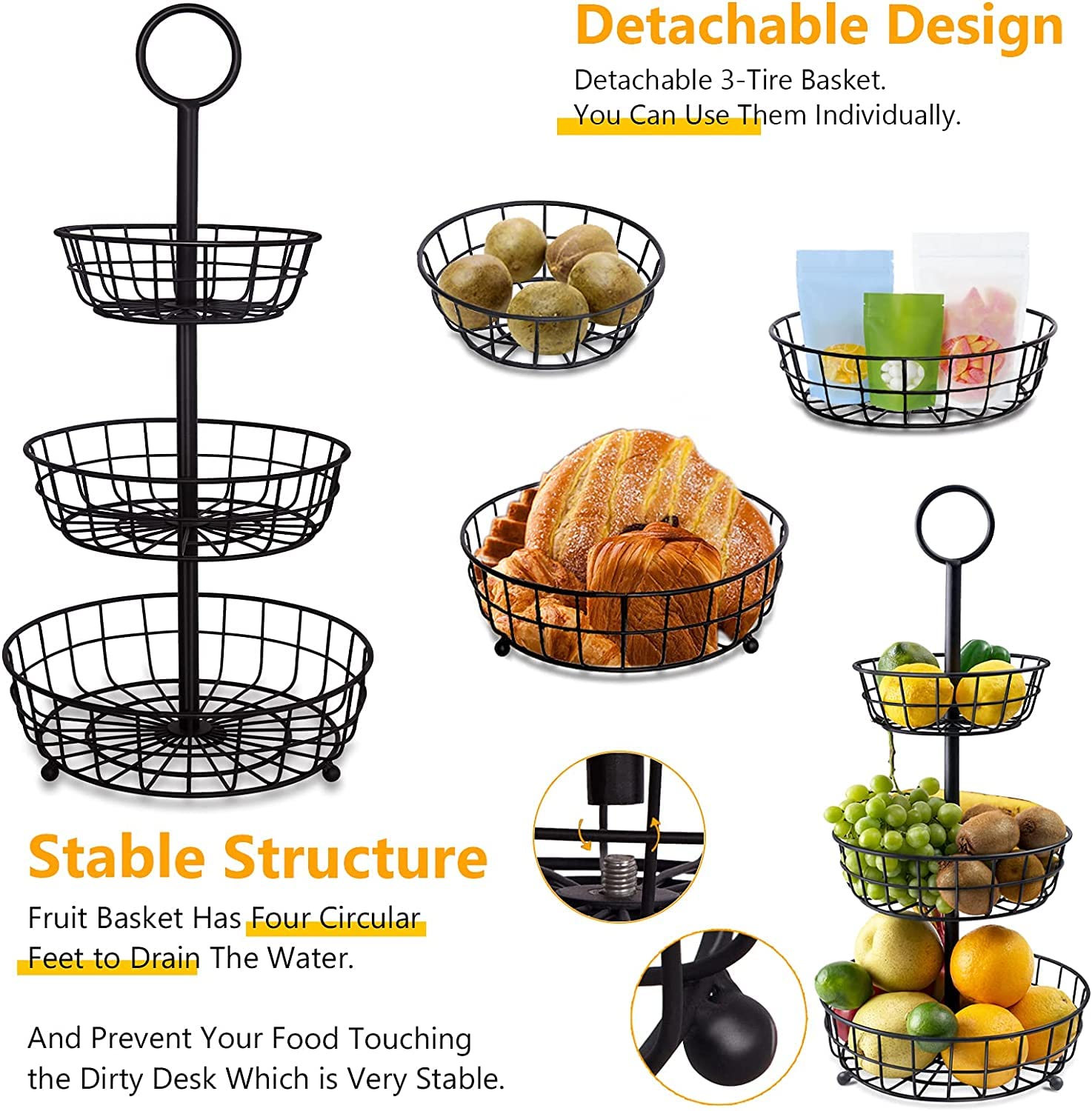 weharnar 3 Tier Fruit Basket for Kitchen, Detachable Fruit Holder, Black Fruit Stand, Wire Vegetable Basket, Large Capacity Fruit Bowl for Kitchen Counter, Kitchen & Home Decor