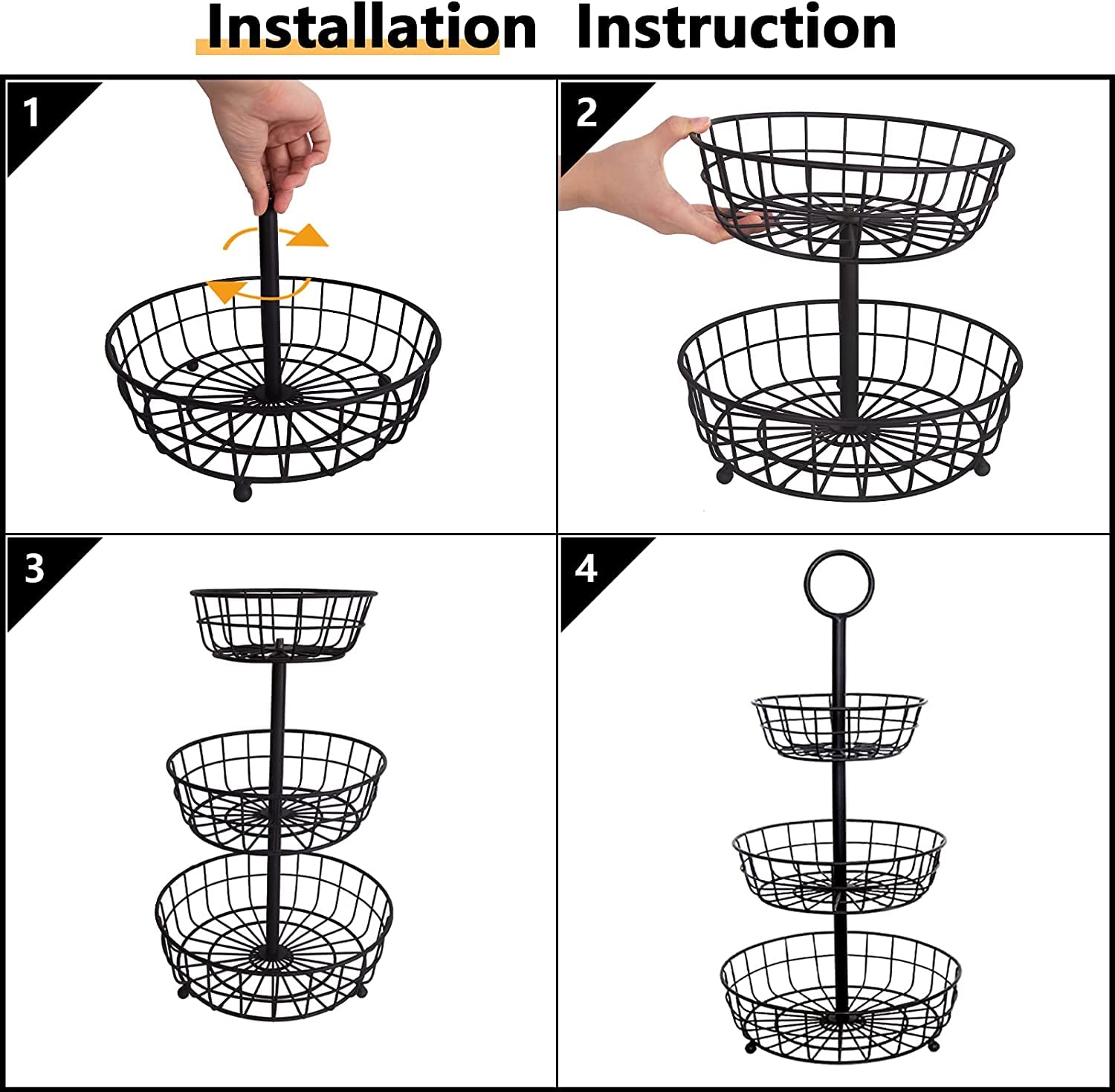 weharnar 3 Tier Fruit Basket for Kitchen, Detachable Fruit Holder, Black Fruit Stand, Wire Vegetable Basket, Large Capacity Fruit Bowl for Kitchen Counter, Kitchen & Home Decor