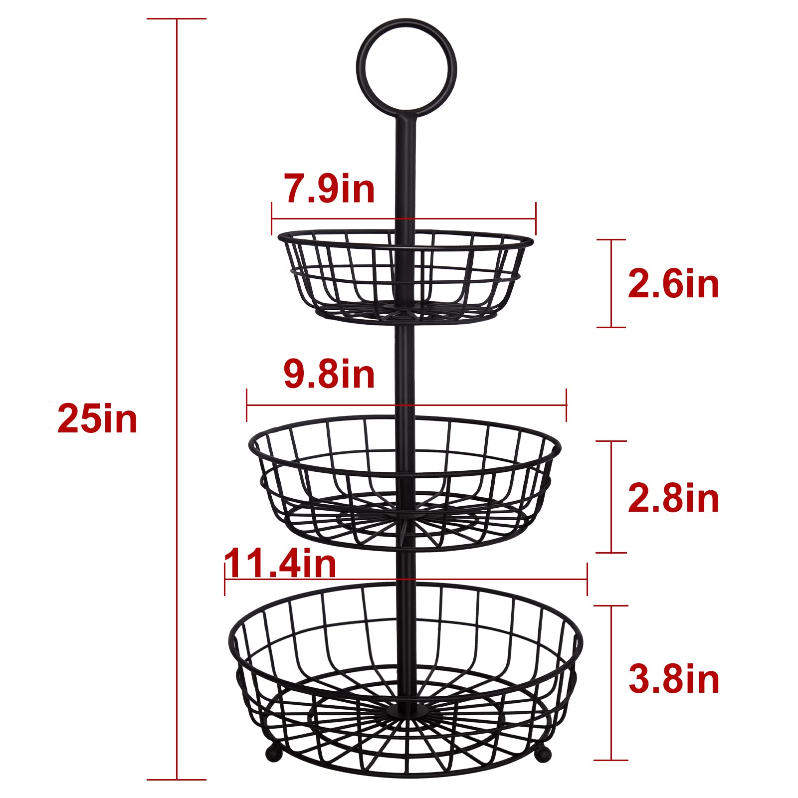 weharnar 3 Tier Fruit Basket for Kitchen, Detachable Fruit Holder, Black Fruit Stand, Wire Vegetable Basket, Large Capacity Fruit Bowl for Kitchen Counter, Kitchen & Home Decor