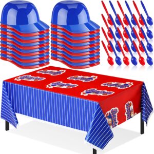 49 pcs baseball party decorations 24 count baseball helmet ice cream bowl, 1 plastic baseball tablecloth 51 x 87 inch with 24 spoons red blue 8 oz mini dessert sundae bowls baseball party supplies