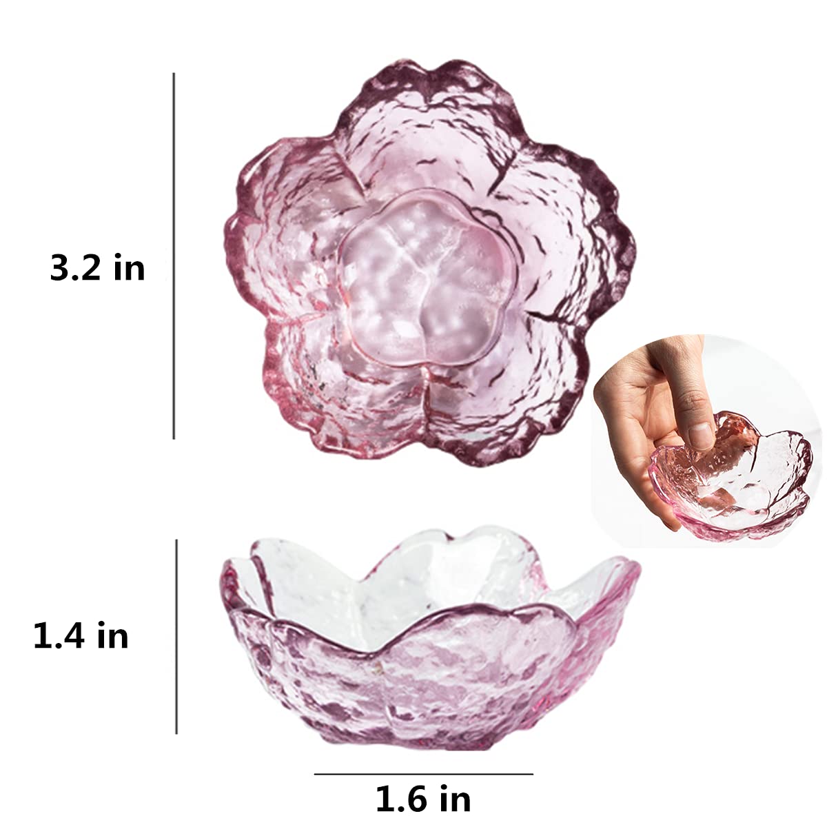 Sdeetesamjun Pink Glass Bowls Set of 4, Trifle Bowl Small Dipping Sauce Cups- Japanese Sakura Flower Cherry Blossom Shaped Bowl Decorative Bowl For Side Dishes, Ice Cream, Pudding, Custard, Dessert