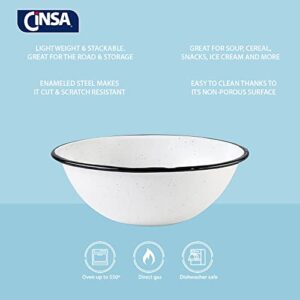 Cinsa 6-Piece 7 inch enameled steel bowl set (Speckled White) Indoor/Outdoor use, reusable, oven and fire-safe.