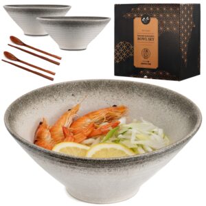 alex kato ceramic japanese ramen bowls set of 2-60 ounce large noodle soup bowl, with chopsticks and spoon for asian pho udon soba (white)